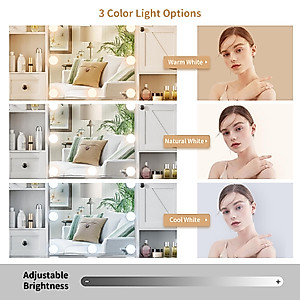 VOWNER Vanity with Lighted Mirror - Farmhouse Makeup Vanity Desk with 7 Drawers, 2 Cabinets and Outlet, 3 Color Lighting Modes Adjustable Brightness, Vanity Table with Stool for Bedroom, White & Black