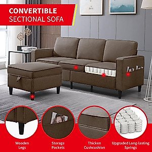 PUREMIND 78 Inches Convertible Sectional Sofa, Linen L-Shaped Sofa Couch with Reversible Storage Ottoman, Wooden Legs, 3-Seat Sectional Couches for Living Room, Small Space, Apartment (Coffee)…