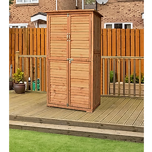 YTGLEN Outdoor Storage Cabinet, Wood Garden Shed, Pool Storage Shed with Lockable Door, Waterproof Roof and 2 Removable Shelves, Vertical Outside Storage Shed for Patio, Backyard and Lawn