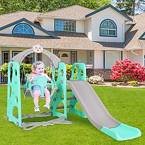 Arlopu Toddler Slide and Swing Set, 4 in 1 Kids Play Climber Slide Playset w/Basketball Hoop Extra Long Slide Extra Ball, Baby Swing for Indoor Outdoor Playground, Easy Set-Up, 3 Years Old (Fiery)
