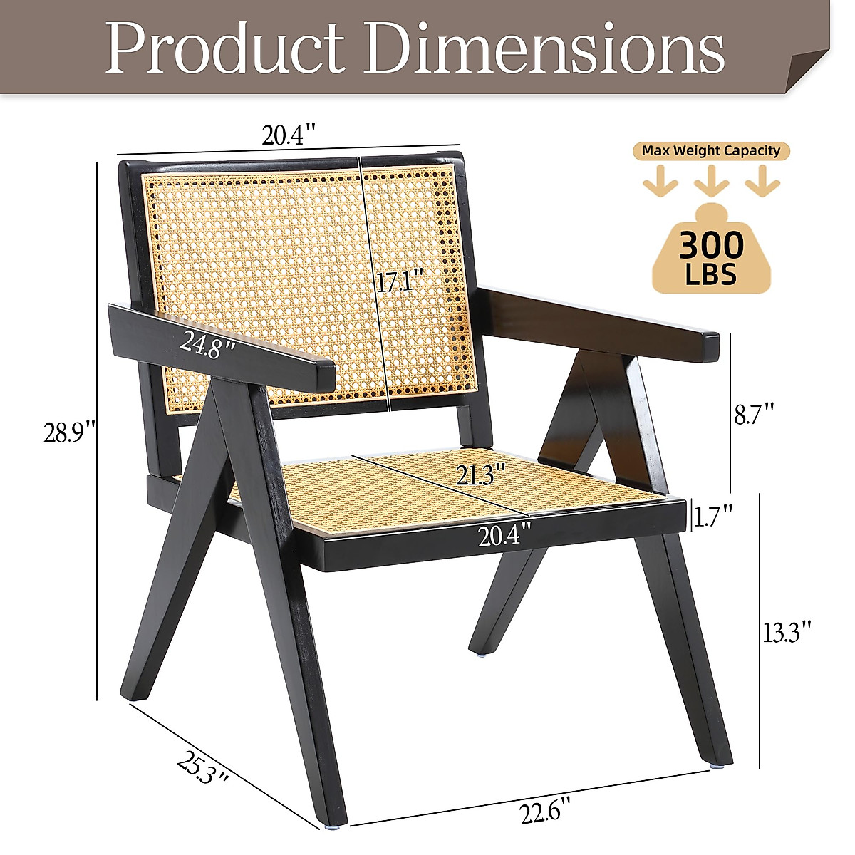 ABET Cane Accent Chairs Set of 2, Wooden Comfy Rattan Living Room Chairs with Woven Backrest & Seat, Solid Leisure Armchair, Mid-century Boho Cane Lounge Chairs for Bedroom, Patio, Balcony, Black