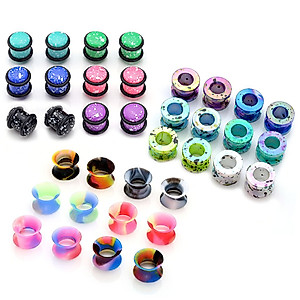 PiercingJ 36pcs Candy Colors Spots Acrylic Ear Stretching Plugs Kit and Double-flared Thin Silicone Saddle Tunnels Set