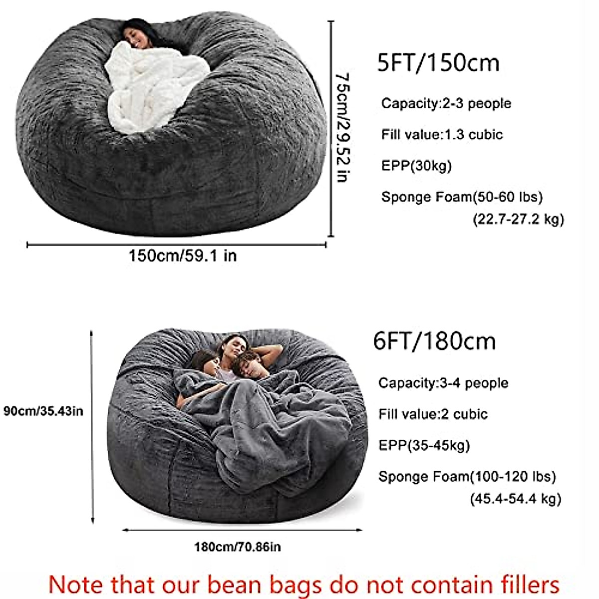 Giant Fur Bean Bag Chair Cover for Kids Adults, (No Filler) Living Room Furniture Big Round Soft Fluffy Faux Fur Beanbag Lazy Sofa Bed Cover,Snow White,6FT 180 * 90cm(Snow White)