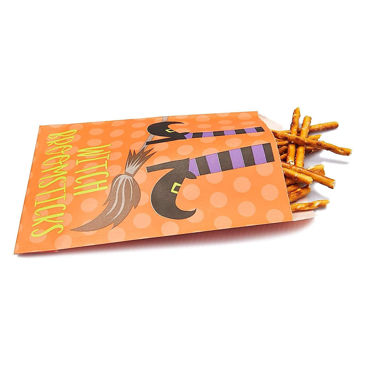 BLUE PANDA 100 Pack Halloween Paper Bags, Small Paper Halloween Treat Bags, Bulk Goody Bags for Candy, and Favors, 4 Designs, Vampire Teeth, Witch Broomsticks, Bag of Bones, Spider Eggs (8 x 5 In)