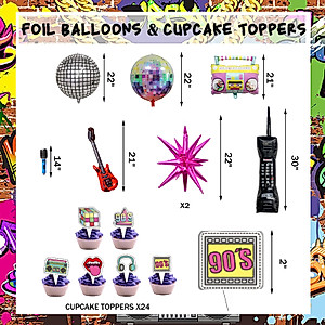 143 PCs 90s Party Decorations, Homond 90s Themed Birthday Party Decorations Backdrop Balloon Garland Arch Cutout Tablecloth Cupcake Toppers Gold Chain 4D Laser Disco Ball Explosion Star Retro