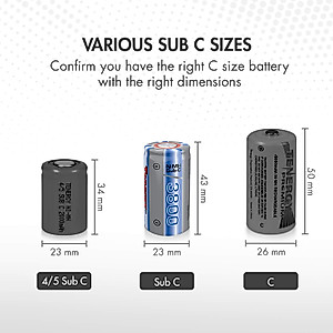 Tenergy NiMH SubC 1.2V 3800mAh Rechargeable Batteries, for Power Tools, 10 Pack