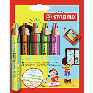 STABILO Multi-Talented Pencil Woody 3 in 1 Duo - Pack of 5 - Assorted Colours with Sharpener, Multicolor
