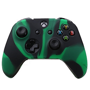 YoRHa Silicone Cover Skin Case for Microsoft Xbox One X & Xbox One S Controller x 1(Black Green) with Pro Thumb Grips 8 Pieces