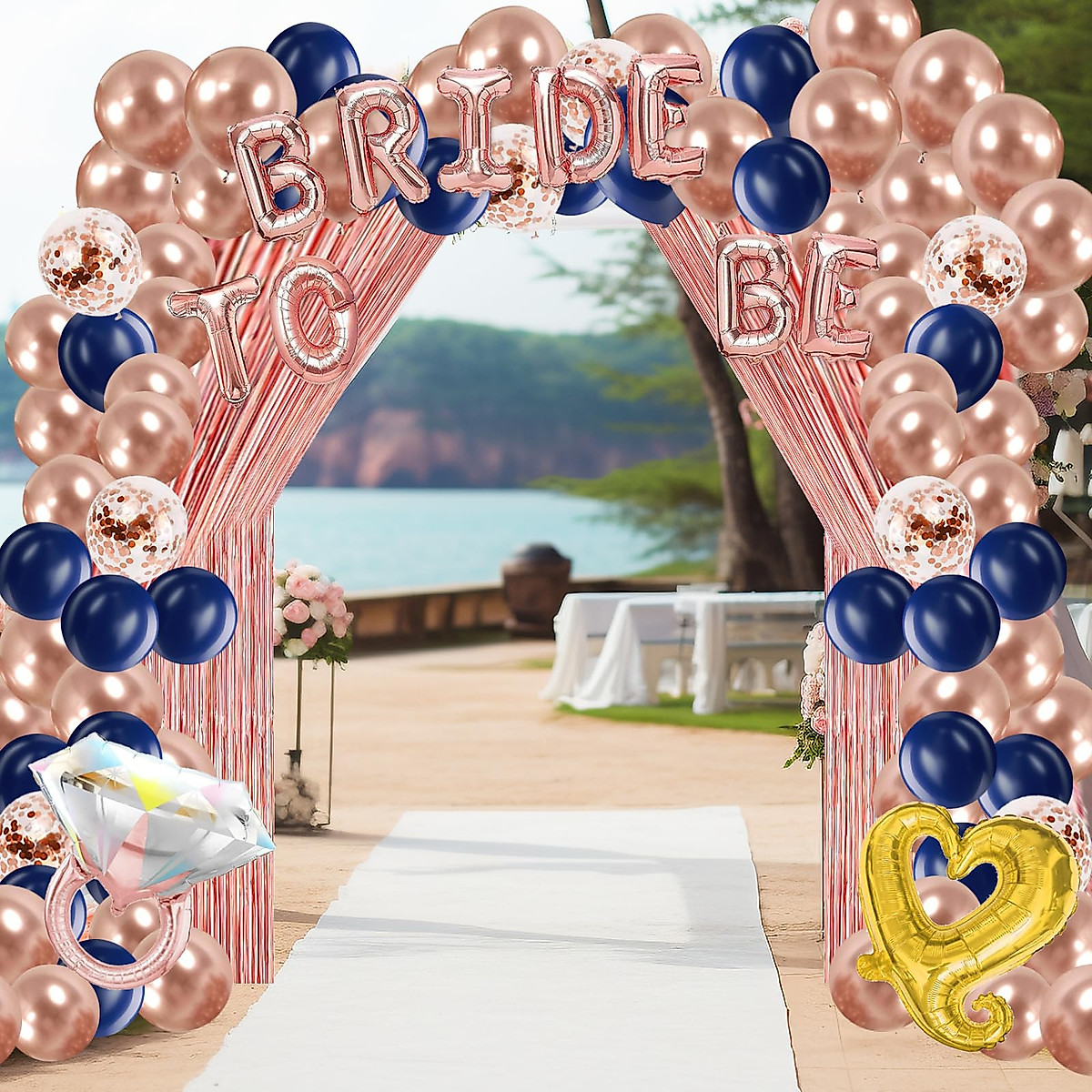 Bachelorette Party Decorations Set, Blue and Rose Gold Bridal Shower Party Decor and Supplies-Bride to Be Balloons, Fringe Curtain, Ring & Latex Balloons for Bridal Shower, Wedding, Bridal Shower