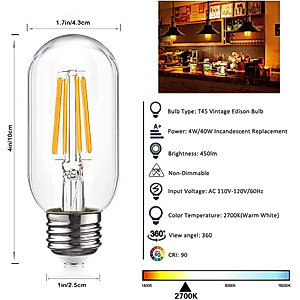 MMBGJKG Dimmable T45 LED Edison Bulb,2700K Warm White,5W Antique Tubular LED Filament Bulbs,60 Watt Equivalent E26 Base,Pack of 4