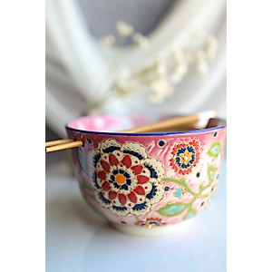 Ebros Mandala Floral Blooms With Pink Polkadot Art Splash Ramen Udon Noodles Large 6.25" Diameter Soup Bowl With Built In Rest and Bamboo Chopsticks Set for Rice Pasta Salad