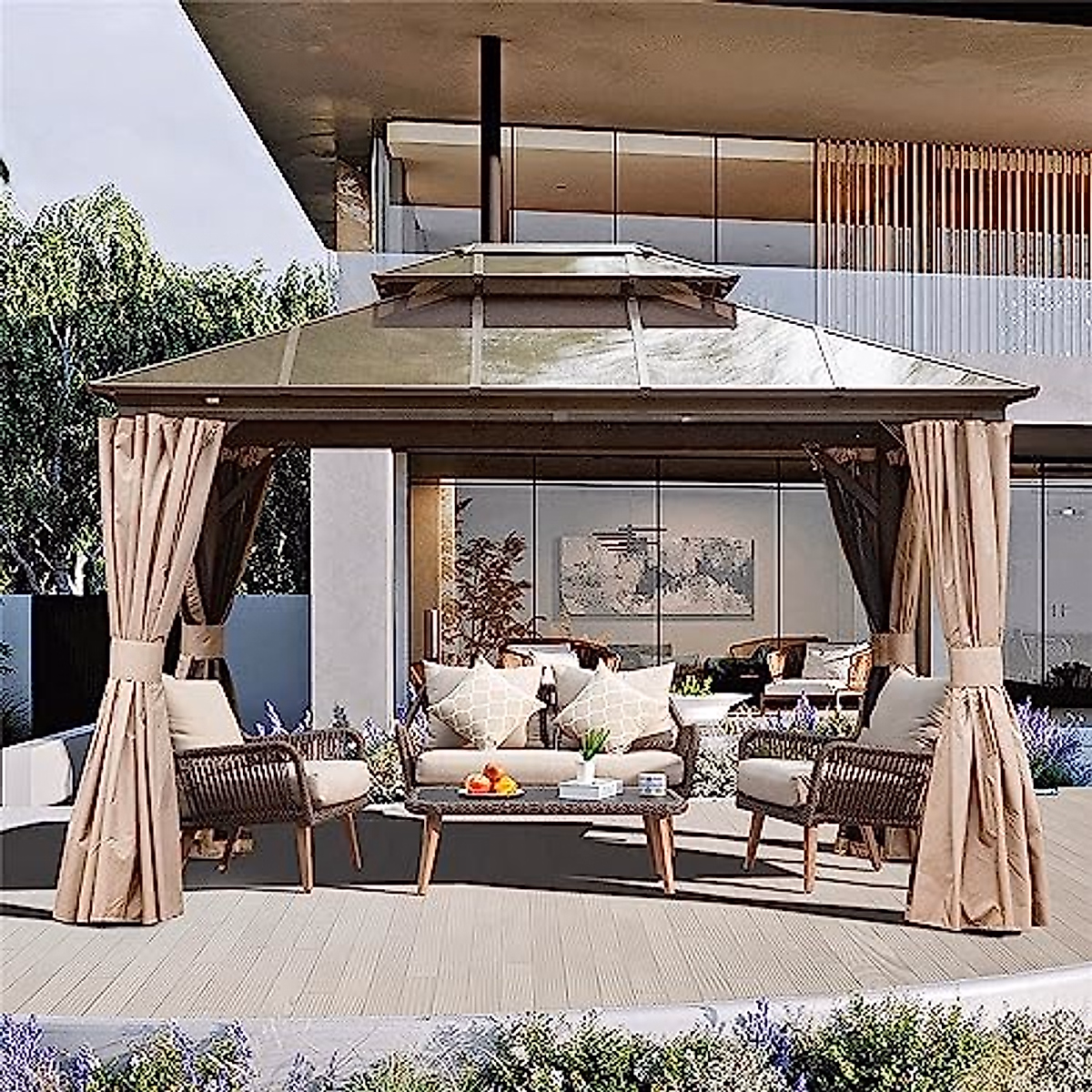 Evedy 10'x12' Hardtop Gazebo,Aluminum Gazebo Pavilion with Curtain and Net,Permanent Outdoor Gazebo with Polycarbonate Double Roof,for Garden, Patio, Lawns, Deck, Backyard-Brown