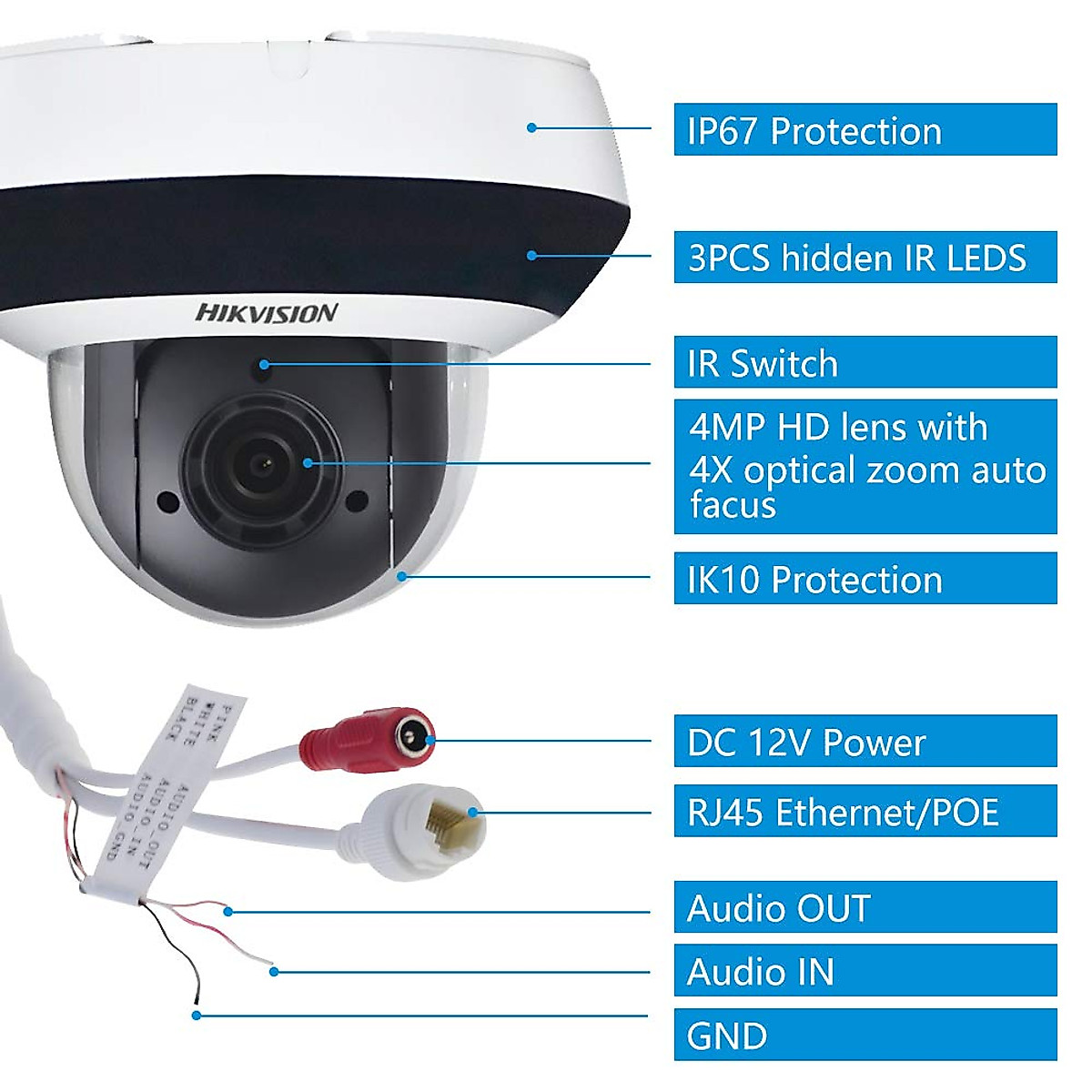 Hikvision 4MP POE Mini PTZ IP Camera DS-2DE2A404IW-DE3,Pan/Tilt/2.8mm~12mm 4X Optical Zoom，Smart IR Night Vision，Audio/Alram Interface， H.265+, Upgrade Version for DS-2DE3304W-DE
