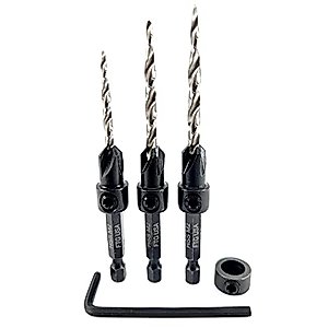 FTG USA Wood Countersink Drill Bit Set 3 Pc Countersink Drill Bit #6#8#10 Tapered Drill Bits with Improved Countersink Connection Drill Bit to Hex Shank Without Pin, 1 Stop Collar, 1 Allen Wrench