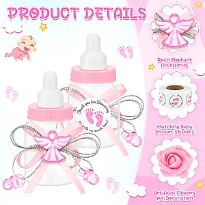 Vesici 61 Pcs Baby Shower Party Favors Set, 48 Mini Angel Milk Bottles 1 Roll Thanks Sticker 12 Artificial Roses for Newborn Baptism Party(Pink)
