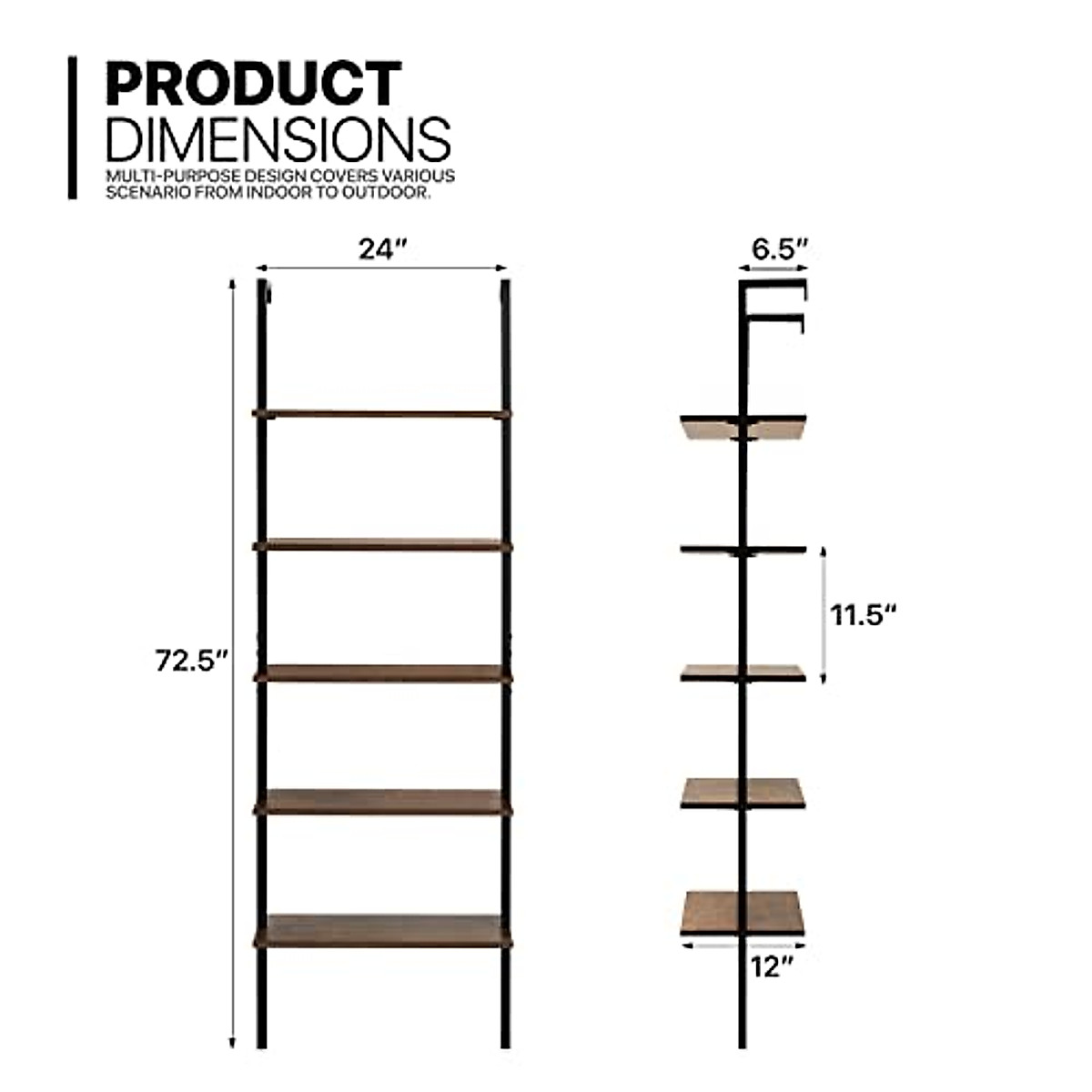 MoNiBloom 5-Tier Bookshelf Wall Mounted, 72 Inches Ladder Shelf with Metal Frame for Living Room Decor and Storage, Rustic Brown