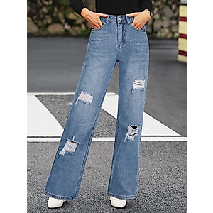 Genleck Womens Ripped Wide Leg Jeans High Waisted Baggy Y2K Distressed Jeans for Women Pants Denim