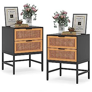 Tribesigns Nightstands with Rattan Drawers, Modern Wood Night Stands, Bedside Table with Storage, Black 2 Drawers End Table, Vintage Sofa Side Table, Retro Bed Side Table Bedroom Living Room(PCS 2)