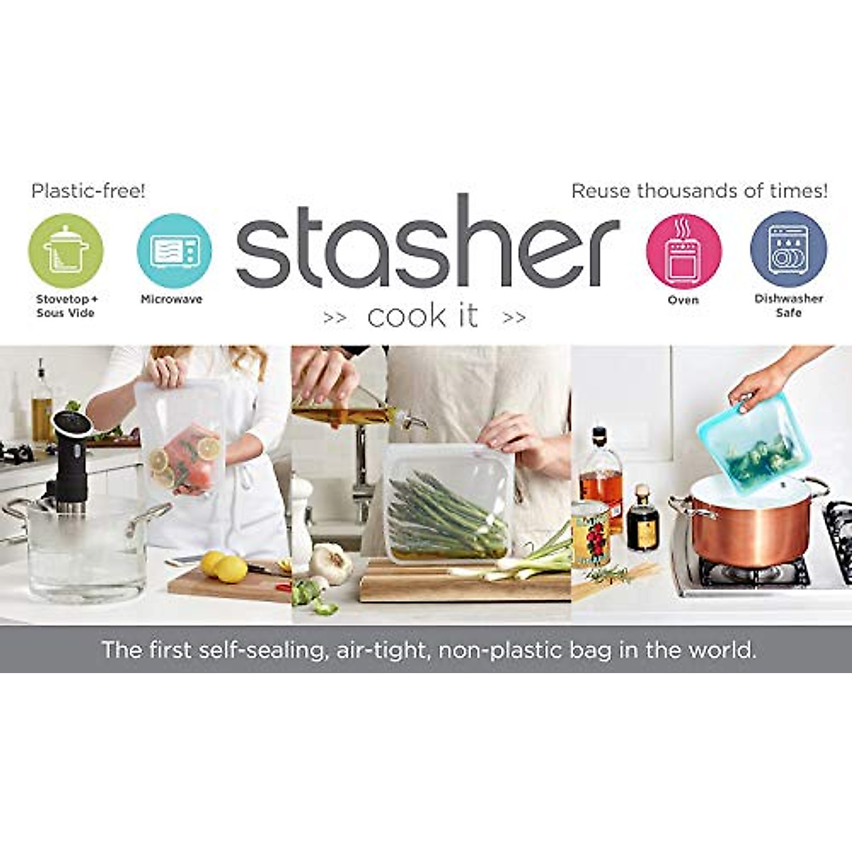 Stasher Re-Usable Food-Grade Platinum Silicone 64oz Bag for Eating from/Cooking, Freezing and Storing in/Sous Vide/Organising/Travelling, 26.05 cm x 20.95 cm, Clear