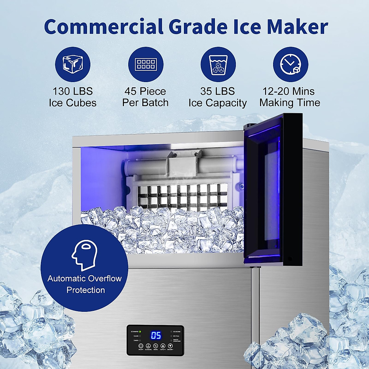Commercail Ice Maker 130Lbs/24H with 35Lbs Ice Capacity,Upgraded 15" Wide Under Counter Ice Machine 45Pcs Ice Cubes, Commercial Ice Machine Self Clean Stainless Steel Built-in or Freestanding