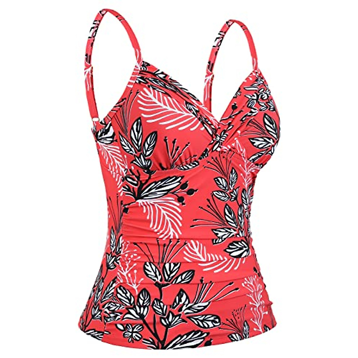 coastal rose Womens Swim Top Ruched Tummy Control Tankini Top Front Cross V Neck Bathing Suit Tops Only US14 Red Floral
