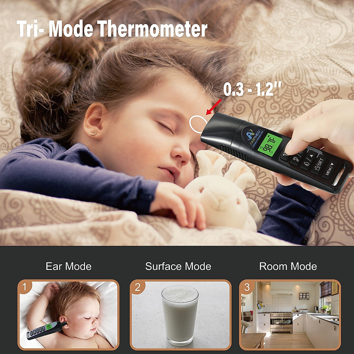 Amplim Baby Thermometer | 3-in-1 Infrared Thermometer for Ear, Forehead & Touchless, FSA/HSA Eligible Accurate Fever Thermometer for Baby, Infants, Toddlers, Kids & Adults | Black Base Stand & Clock