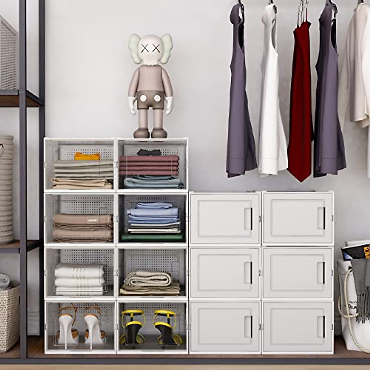 WAYTRIM 15 Pack Stackable Storage Shoe Box Foldable 6 Clear and 9 White Sneaker Storage Box Dorp Front Shoe Container Organizer Sneaker Storage Drawer Fit to Women Size 12