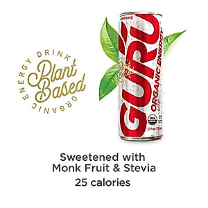 GURU Lite Organic Energy Drink | Stay Focused with Refreshingly Good Energy | Organic Ingredients | Low Calories | Uncompromisingly Good Energy | 12oz (Pack of 24)