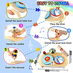 LOOIKOOS Kids Drum Set for Toddlers 1-3, All in One Montessori Musical Instruments -Wooden Percussion Educational Preschool Music Toys for Baby 12-18 Months