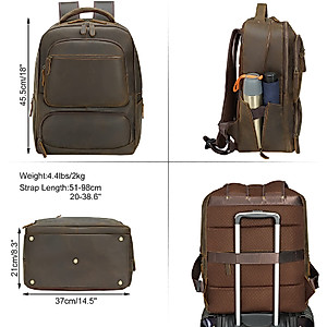 Masa Kawa Large Full Grain Leather 17.3" Laptop Backpack for Men Vintage Brown College School Bookbag Business Travel Work Casual Daypack Rucksack Bag