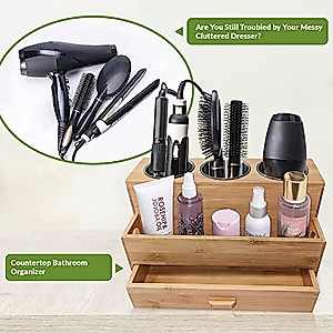 Harzen Brothers Hair Tool Organizer, Bamboo Hair Dryer and Styling Holder, Bathroom Countertop Blow Dryer Holder, Vanity Caddy Storage Stand for Accessories, Makeup, Toiletries