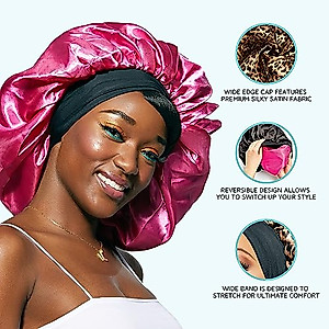 KISS Colors & Care Silky Satin Wide Edge Double Wear Cap XL,Leopard,Double Sided Reversible Design,Protects styles & Retains Moisture,Slip-Free,Comfortable & Durable Overnight Hair Bonnet