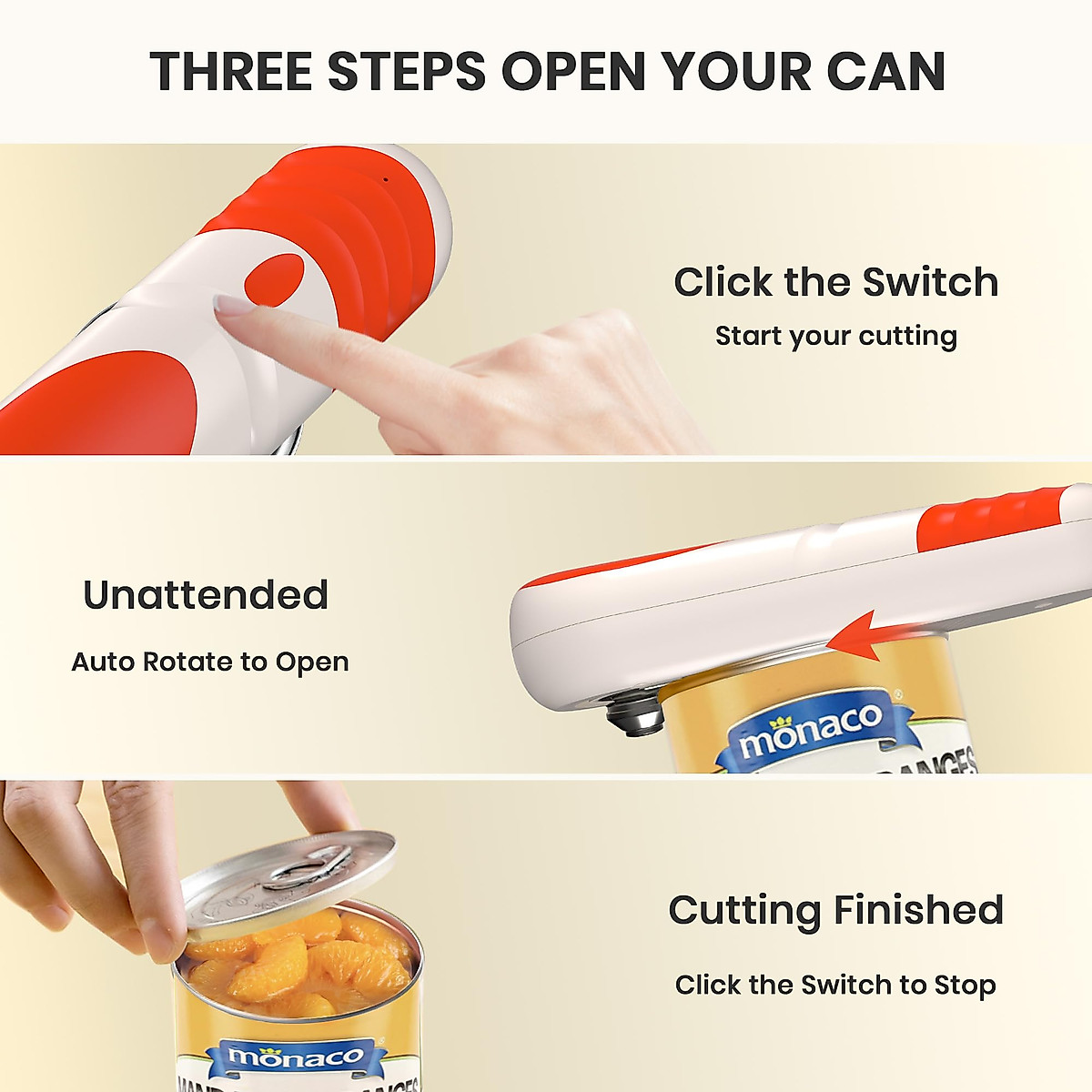 miadore Electric Can Opener for Kitchen,Rechargeable Automatic Can Opener with Removable Tilted Blade,One-Touch Operation, Smooth Edge,Built-In Magnet,Power Warning-Vibrant Orange