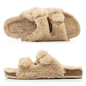 FITORY Womens Open Toe Slipper with Cozy Lining,Faux Rabbit Fur Cork Slide Sandals Size 8