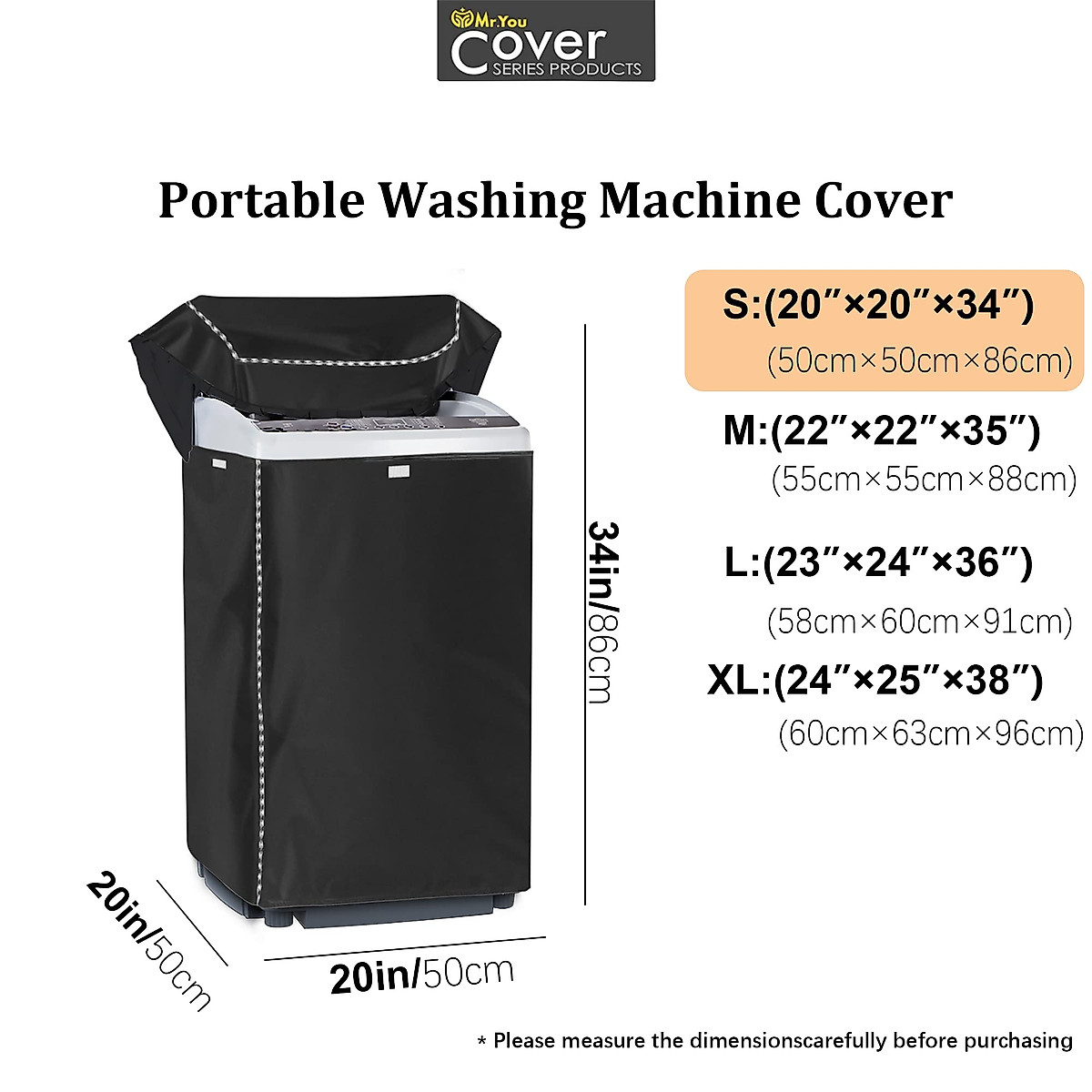 Portable Washing Machine Cover,Top Load Washer Dryer Cover,Waterproof Full-Automatic/Wheel Washing Machine Cover(20"20"34"inches,Black)