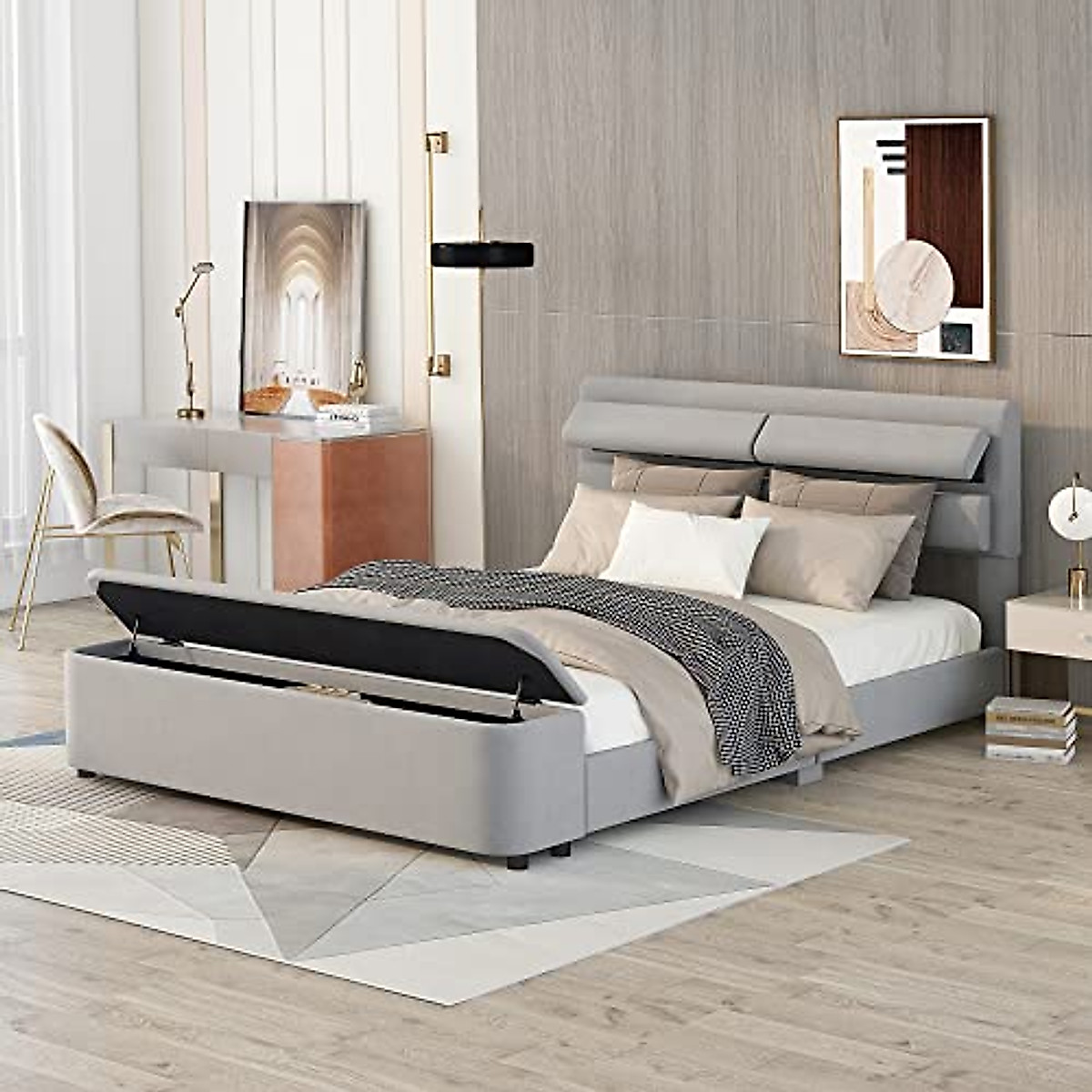 TARTOP Queen Size Upholstered Bed with Storage Headboard and Footboard, Velvet Queen Platform Bed Frame, Wood Support Legs, No Box Spring Needed,Gray