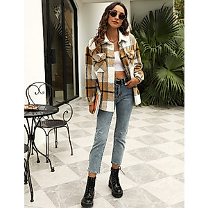 UANEO Womens Plaid Shacket Button Down Wool Blend Fall Flannel Shirt Jacket (Khaki-L)