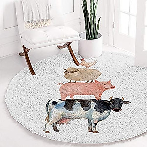 Shag Area Rug, 3ft Indoor Round Area Rugs- Cow Pig Sheep Chicken Farmhouse Animal Pattern Shaggy Carpet Nursery Rug for Kids Baby Bedroom Living Room Home Decor