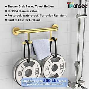 Gold Grab Bar 17 Inch w/Towel Holder, iHansee Stainless Steel Towel Rack Shower Support Balanced Support Handle, Wall Mount Safety Handrail Grab Rail for Elderly Senior Handicap Disabled