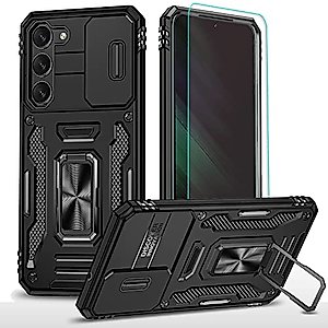 Samsung Galaxy S23 Plus Case with HD Screen Protector, Androgate Military-Grade Metal Ring Holder Kickstand 15ft Drop Tested Shockproof Cover Case for Samsung Galaxy S23 Plus Black