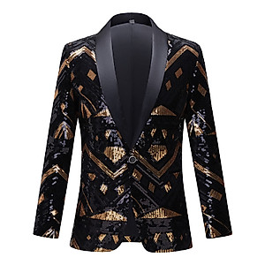Men's Stylish Shiny Sequins Suit Jacket One Button Sequin Dress Tuxedo for Dance Party Banquet Prom Blazer (Golden,3X-Large)
