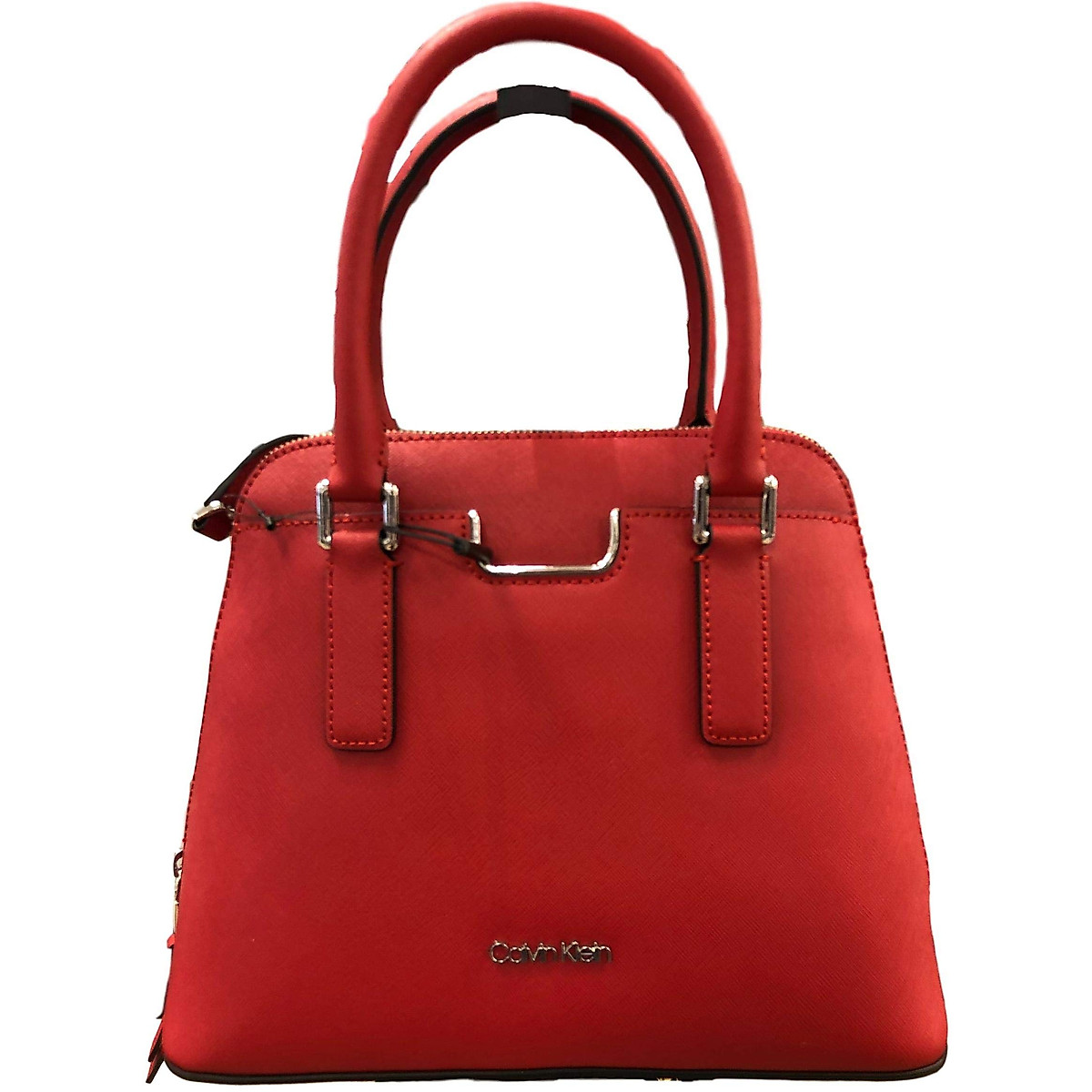 Calvin Klein Women's Saffiano Leather Satchel Metal Trim Pocket, Red