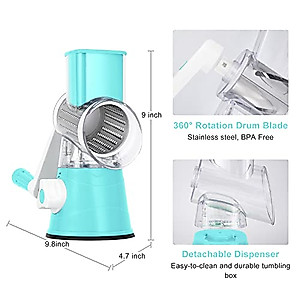 Elyum Rotary Cheese Grater Manual Cheese Grater with Handle 3 Interchangeable Stainless Steel Blades Cheese Shredder Strong Suction Base Cheese Graters for Kitchen Vegetables, Cheese and Nuts (Blue)