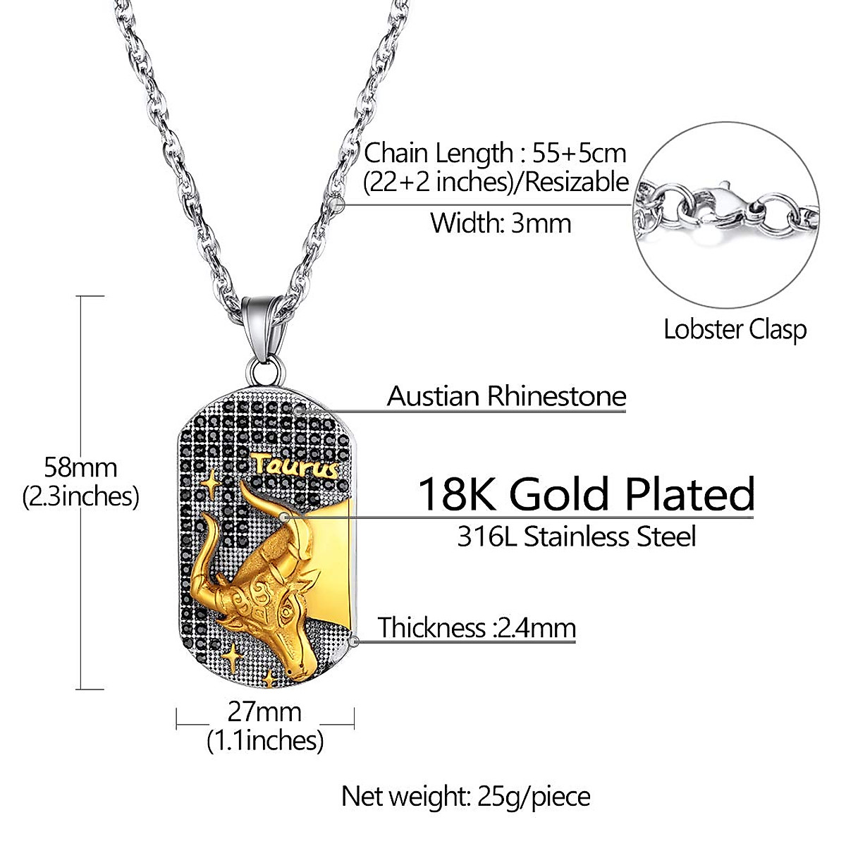 Hip Hop Taurus Necklace for Men Women Dog Tag Zodiac Jewelry Stainless Steel pendant with Chain