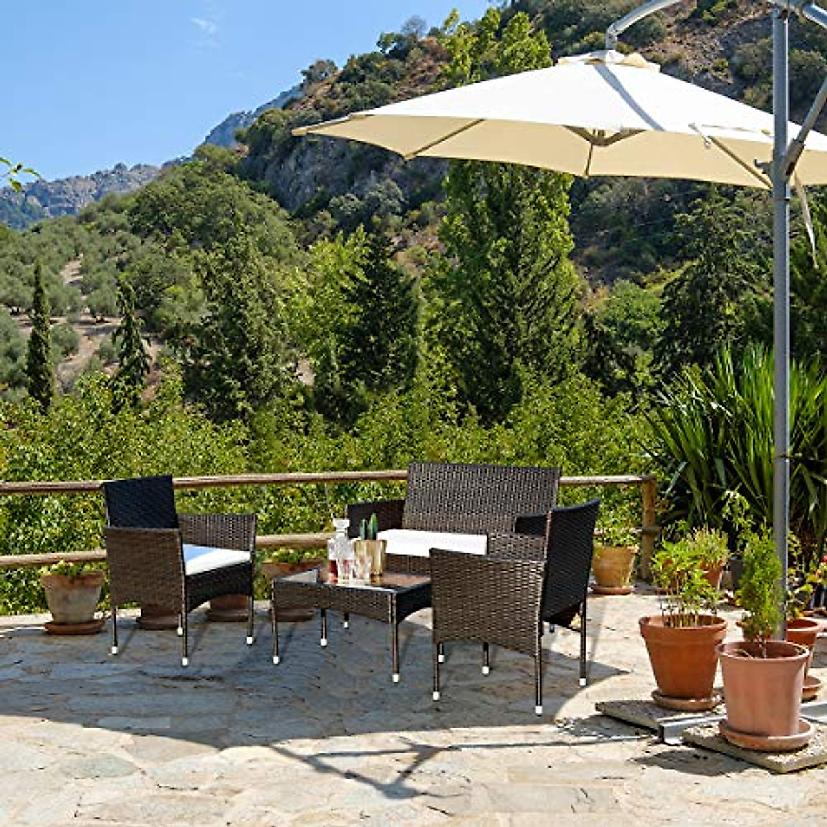 Goplus 4-Piece Rattan Patio Furniture Set, Garden Lawn Pool Backyard Outdoor Sofa Wicker Conversation Set with Glass Coffee Table, Loveseat & 2 Cushioned Chairs