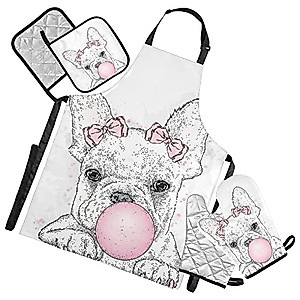 Cute French Bulldog Puppy with Pink Gum Cooking Apron Heat Insulated Microwave Oven Mitts with Pot Holder Pad Kitchen Decor 5Pcs Set Oven Gloves Protectors Mat for Grilling Baking