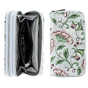 Women's Double Zipper Wallet Large with Removable Wristlet Clutch Cellphone Bag with Wristlet and ID Window(Blue morning glory)