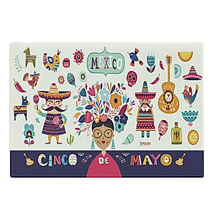Ambesonne Cinco de Mayo Cutting Board, Mexican Cultural Graphic of Iconic Cultural Elements Colorful Style, Decorative Tempered Glass Cutting and Serving Board, Large Size, Multicolor