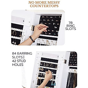 YOKUKINA LED Mirror Jewelry Cabinet Standing Armoire, Full Length Mirror with Jewelry Storage, Lockable Organizer, Wall Mount/Over the Door, White