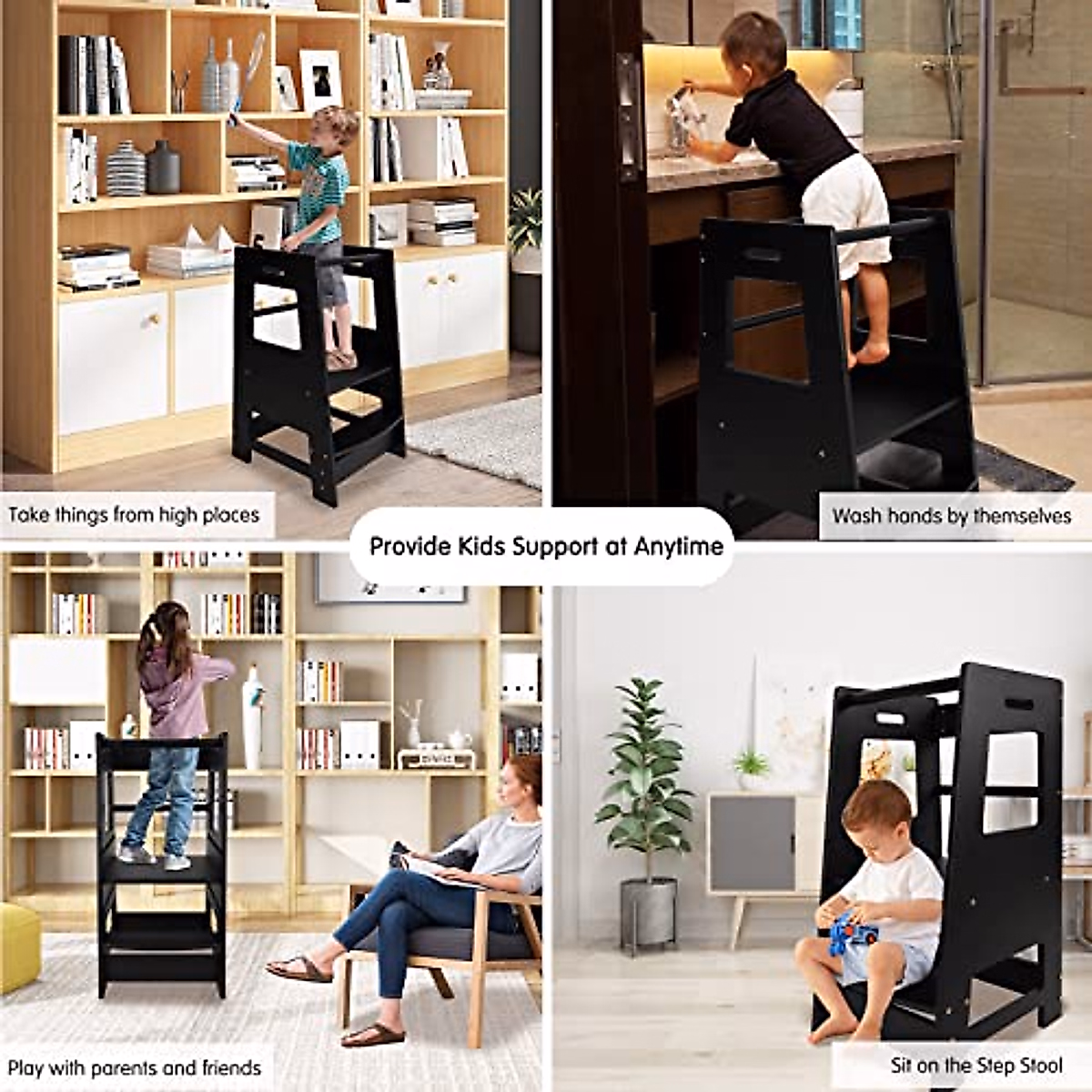ECOMEX Standing Tower for Toddlers, Toddler Stool for Kitchen Counter Kids Kitchen Step Stool with Safety Rail Toddler Standing Tower with Adjustable Platform for Kitchen Counter, Classic Black